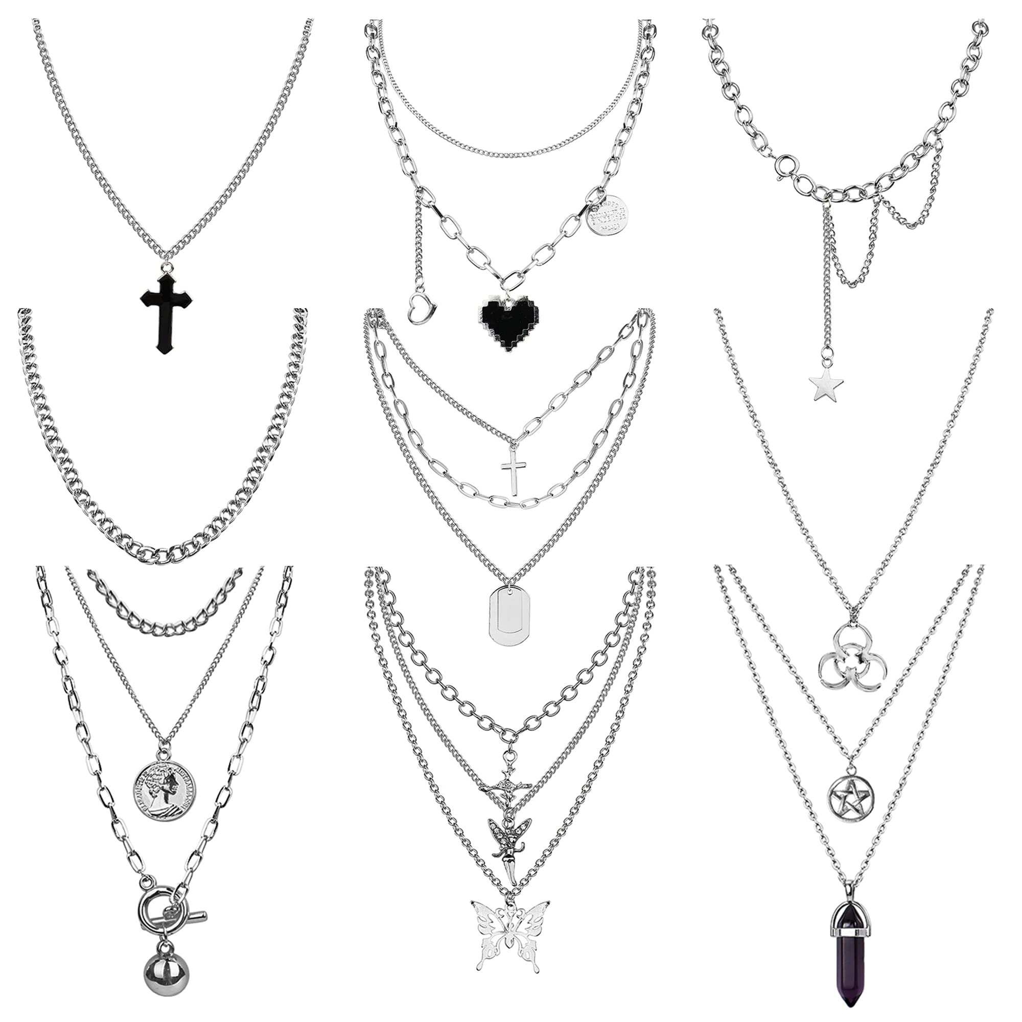 JOERICA 9 Pcs Chain Necklace Egirl Cool Goth Punk Layered Necklaces for Women Men Butterfly Heart Black Crystal Cross Pendant Choker Necklace Set Y2K Emo Jewelry