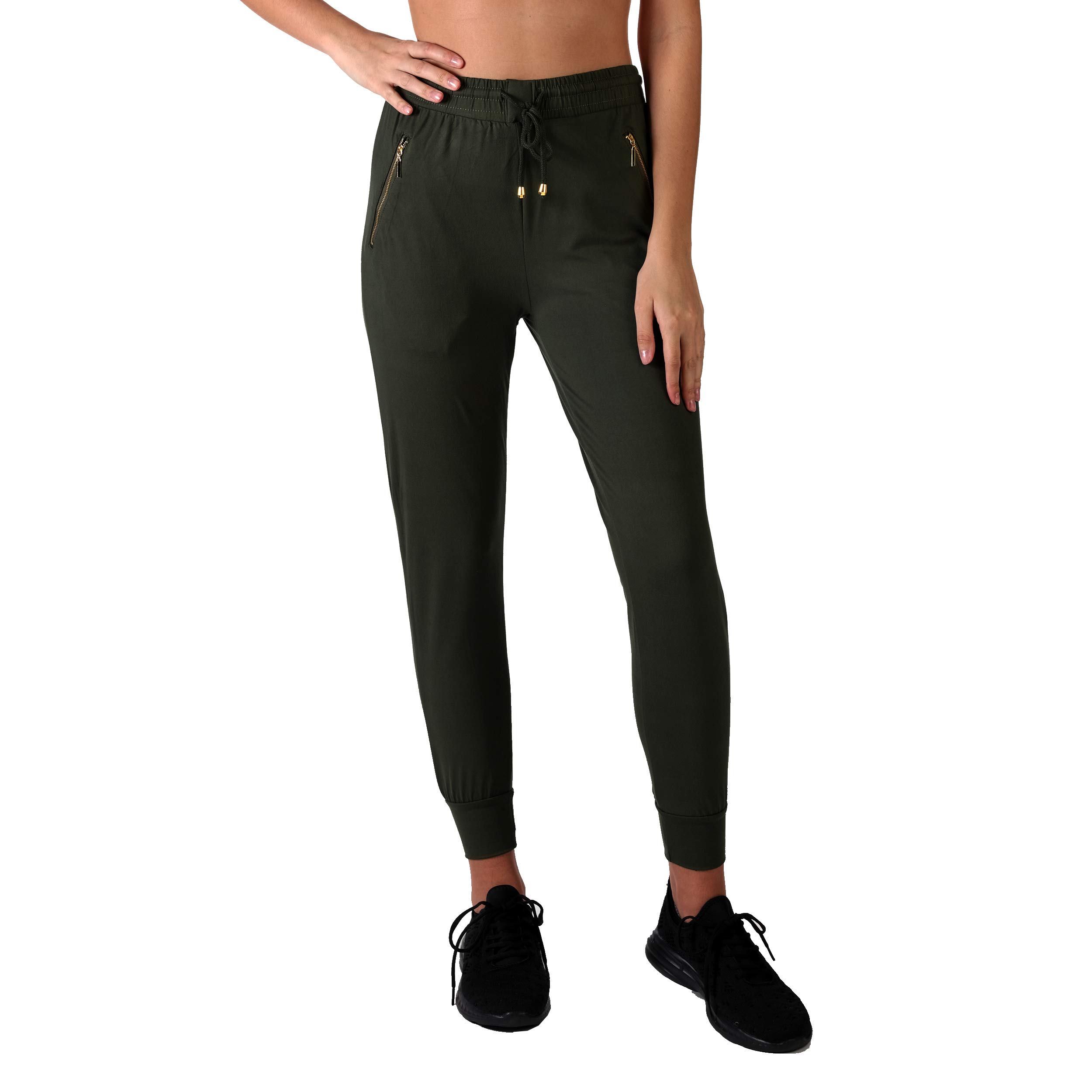 Indero Women's and Junior's Ultra Soft Active Joggers with Side Pocket Gold Zipper Relaxed Fit Sweatpants - Black S M