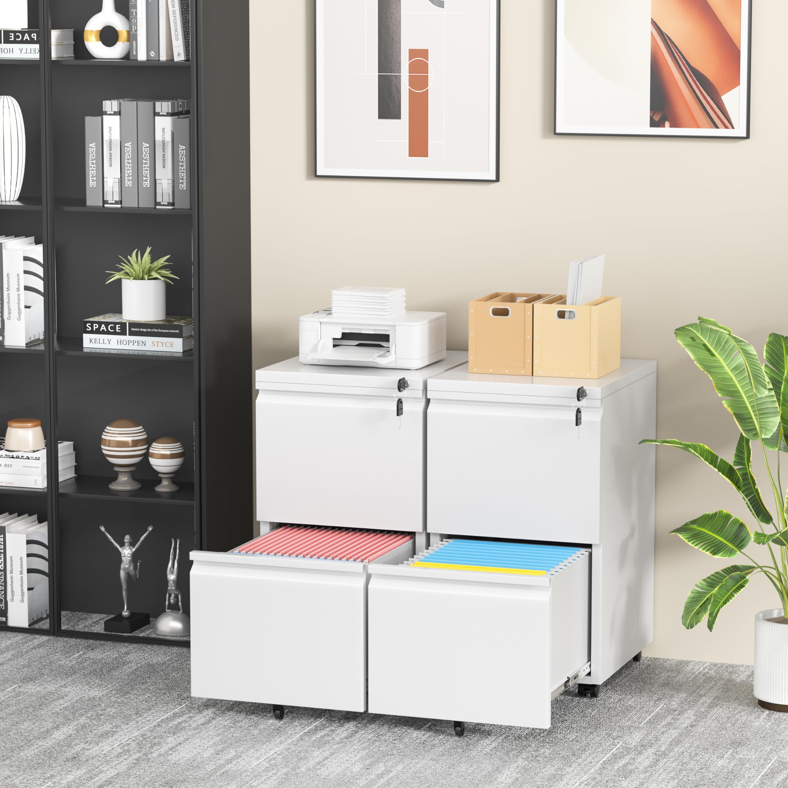 INTERGREAT 2 Drawer File Cabinet, Assembled Metal Filling Cabinet with Lock, Locking Office Mobile Cabinet with Wheels for Legal/Letter Size, Under Desk, White