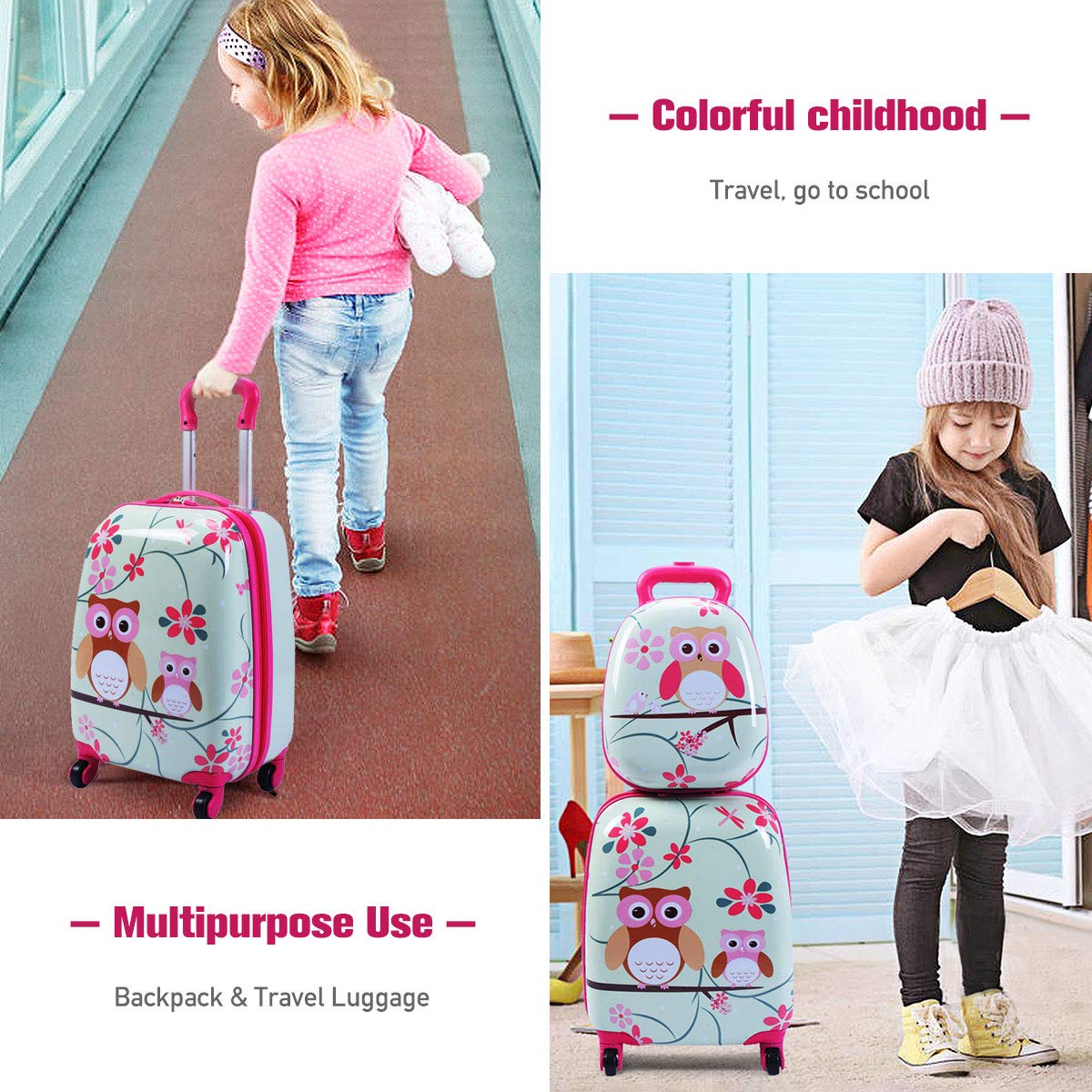HONEY JOY Kids Luggage, 12β Travel Backpack & 16β Hard Shell Toddler Suitcase, Children Rolling Luggage with Wheels, Retractable Handle & 4 Casters, 2Pcs Carry On Luggage Set for Boys Girls (Owl)