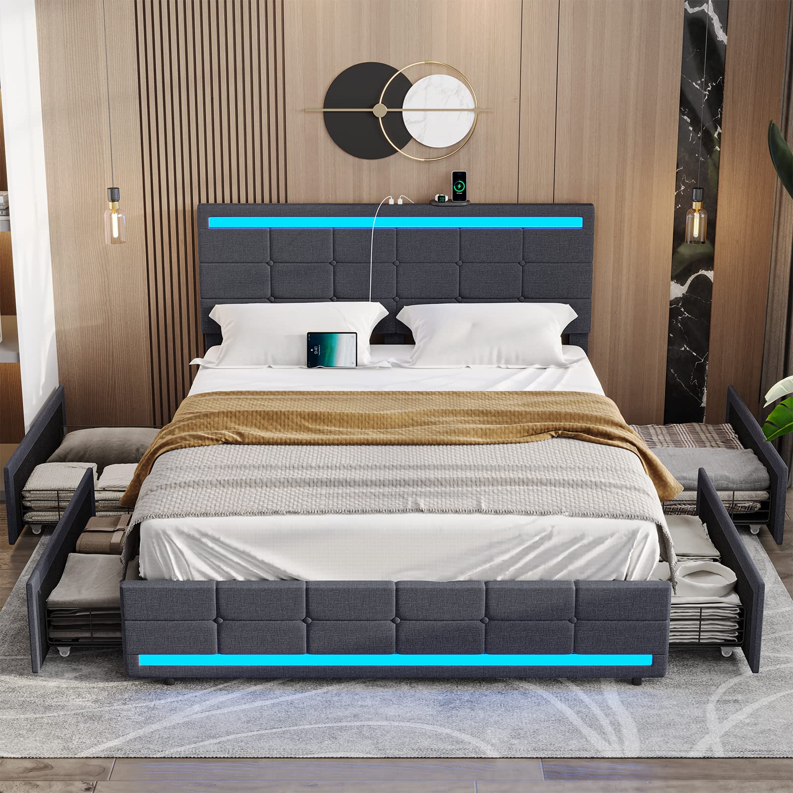 HAUOMS Queen Platform Bed with 4 Storage Drawers, Adjustable Headboard LED Lights, Dark Grey