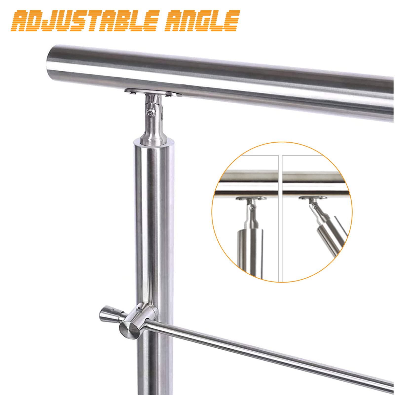 Hanone 304 Stainless Steel Handrail for Deck Stairs Indoor Outdoor Metal Balustrade Hand Railing, Round Pipe Tube Brushed Rail Bars Adjustable Angle Fits 1 to 3 Steps - Complete Kit (Silver) 3.28ft