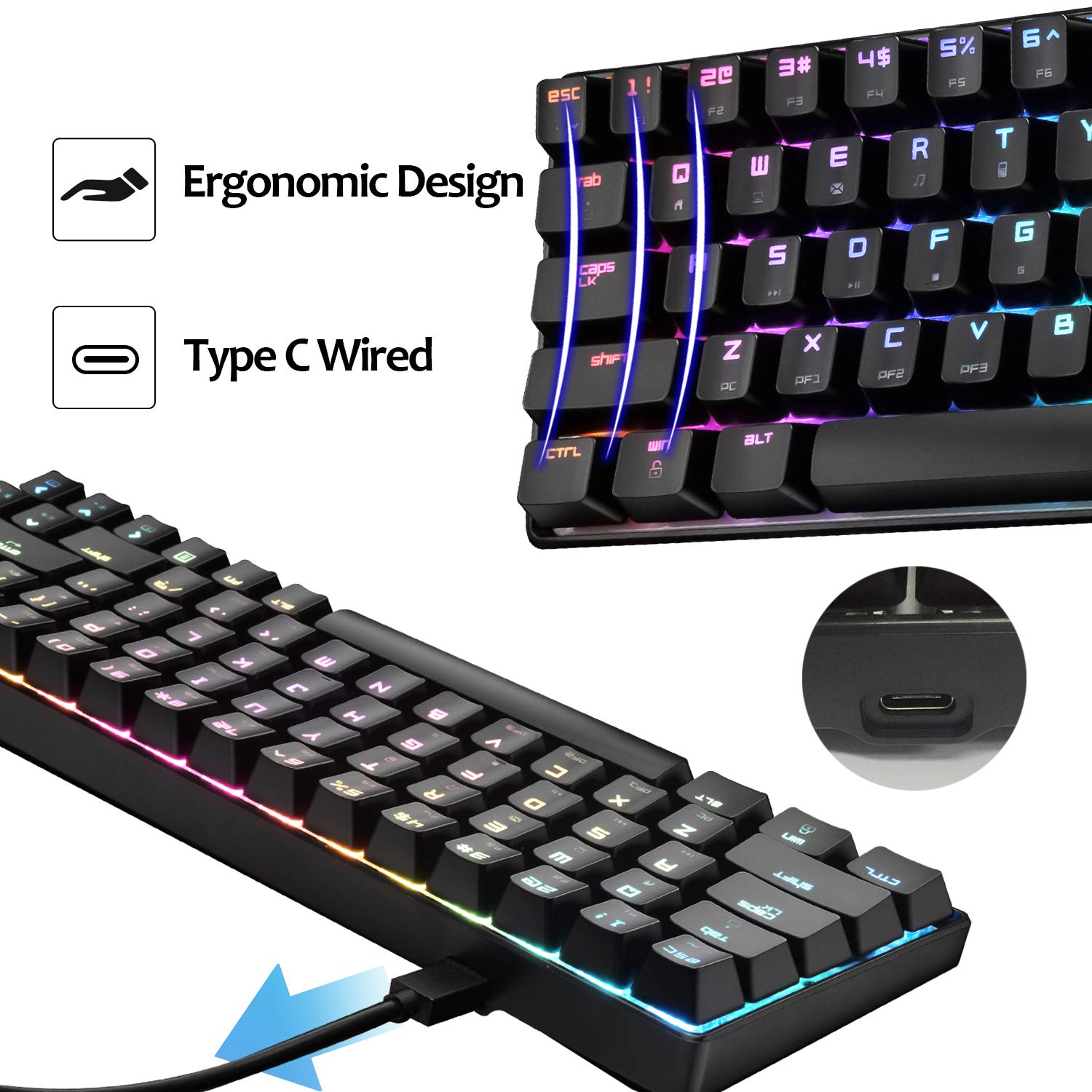 LexonElec Wired 60% Mechanical Gaming Keyboard with Chroma RGB Backlit Type C Ultra-Compact 68 Keys Full Anti-ghosting Mini Keyboard Compatible with PS4,Xbox,PC,Laptop,MAC(Blue/Blue Switch)