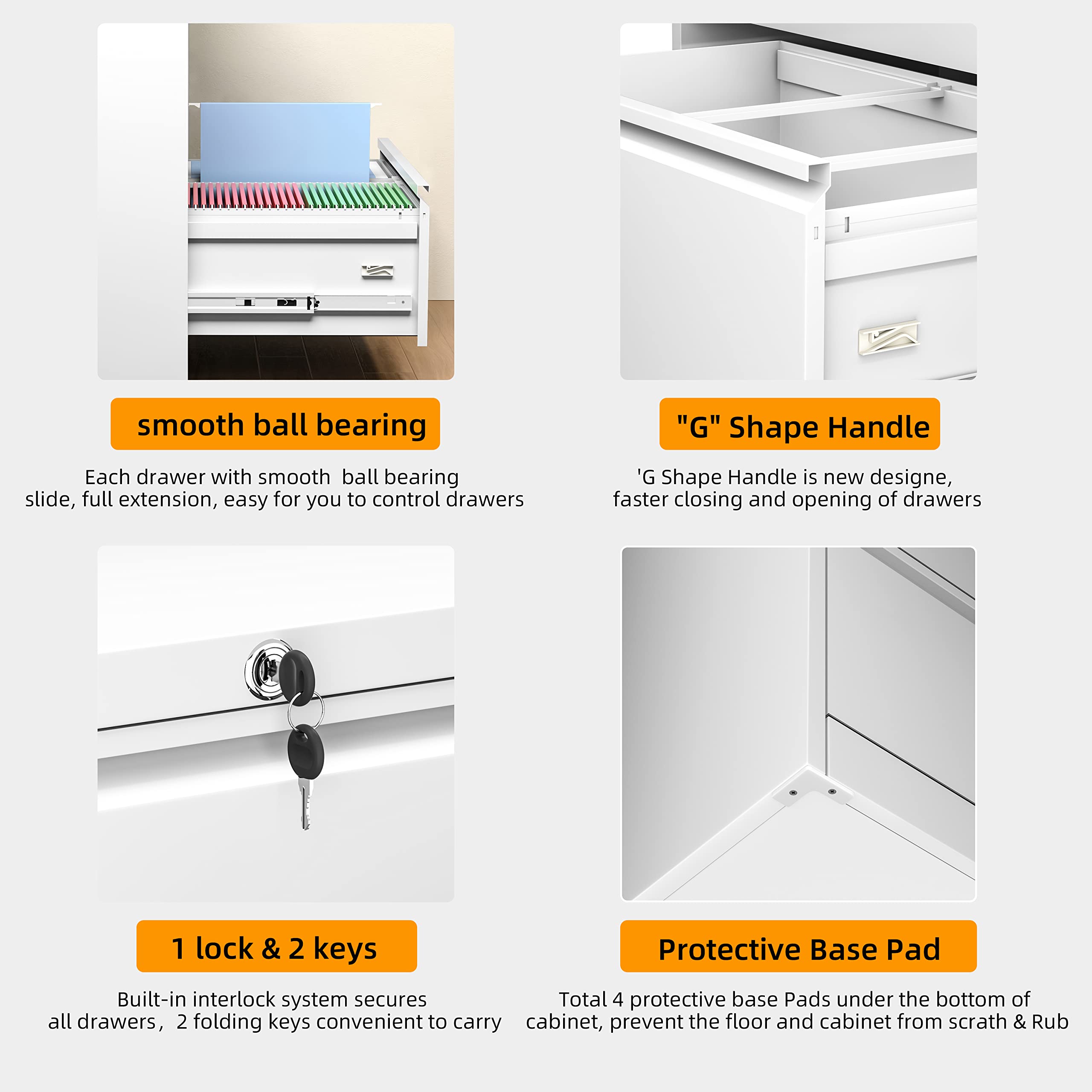 INTERGREAT 4 Drawer File Cabinet, White Lateral File Cabinet with Lock, Metal Office Filing Cabinet with Adjustable Frame for Legal, Letter, A4 Files, Fast Assembeld