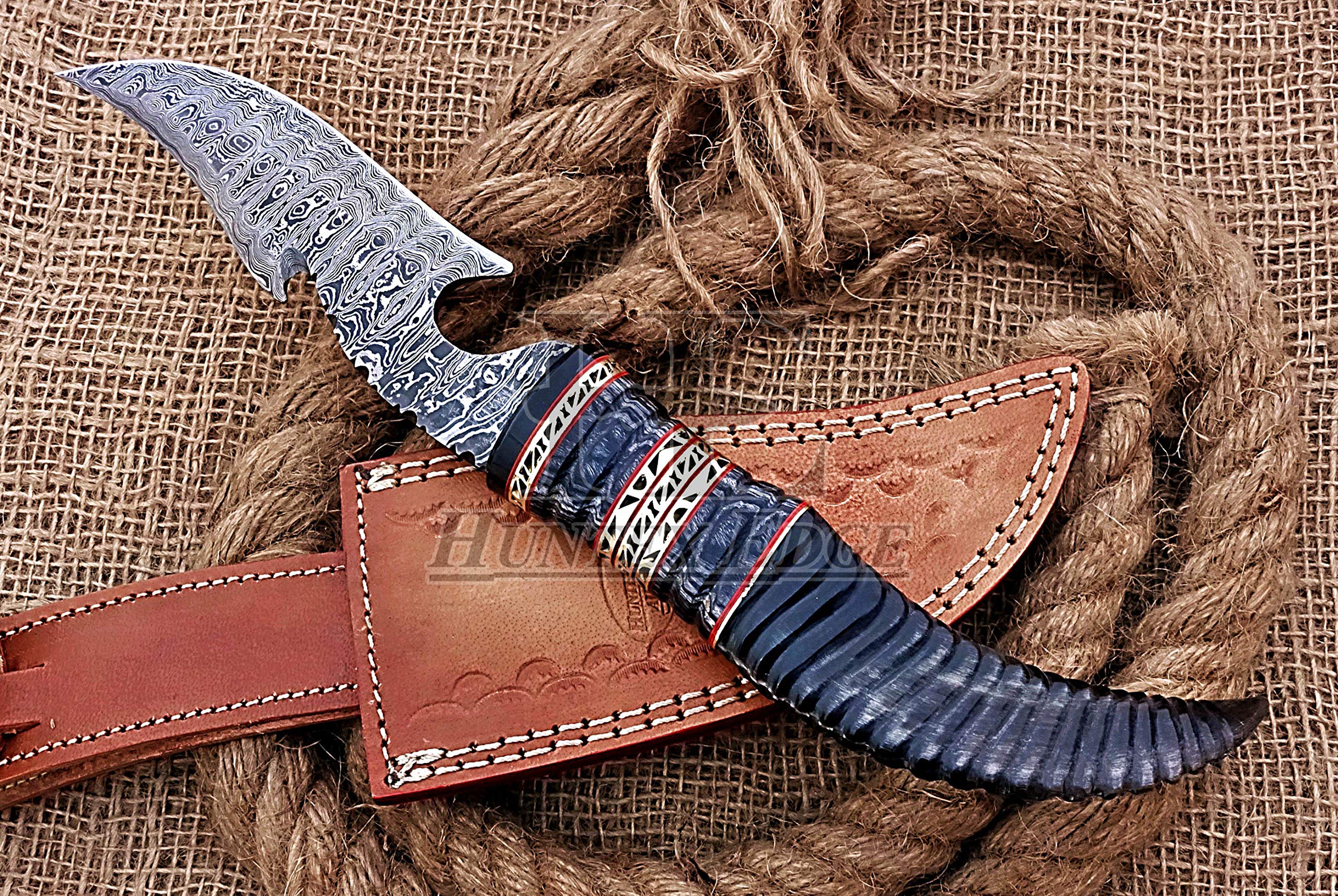 HUNTEX Unique Custom Handmade Hand Forged Ladder Pattern Damascus Steel 12.5 Inch Long Full Tang Buffalo Horn Handle Razor Sharp Hunting Camping Hunter's Gut Hook Knife with Genuine Leather Sheath