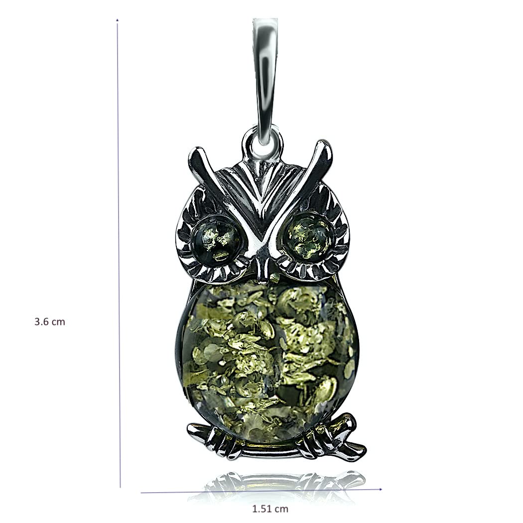 Ian and Valeri Co. Green Amber Sterling Silver Owl Bird Pendant