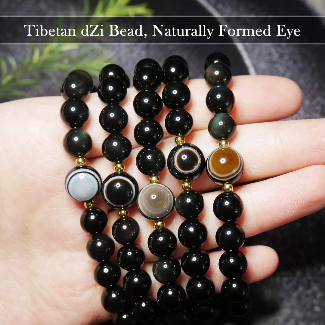 L&C Feng Shui Black Obsidian Beaded Bracelet - Women Mens 8MM Natural Obsidian Crystal Evil Eye Agate Relief Reiki Healing Stone Protection Link Bracelet Bring Luck Prosperity Wealth (Black Evil Eye)