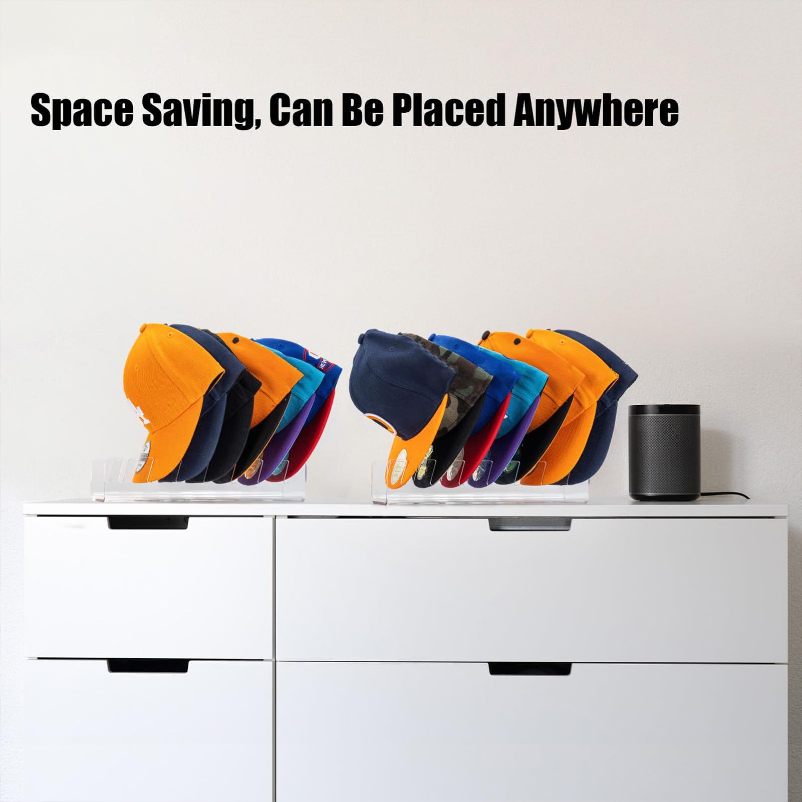 Sloworld Hat Stand for Baseball Caps, 2 Pcs No Install Acrylic Hat Organizer for 14 Baseball Caps, Hat Racks for Baseball Caps Display and Organizer for Bedroom, Closet, Dresser, Office (clear*2)