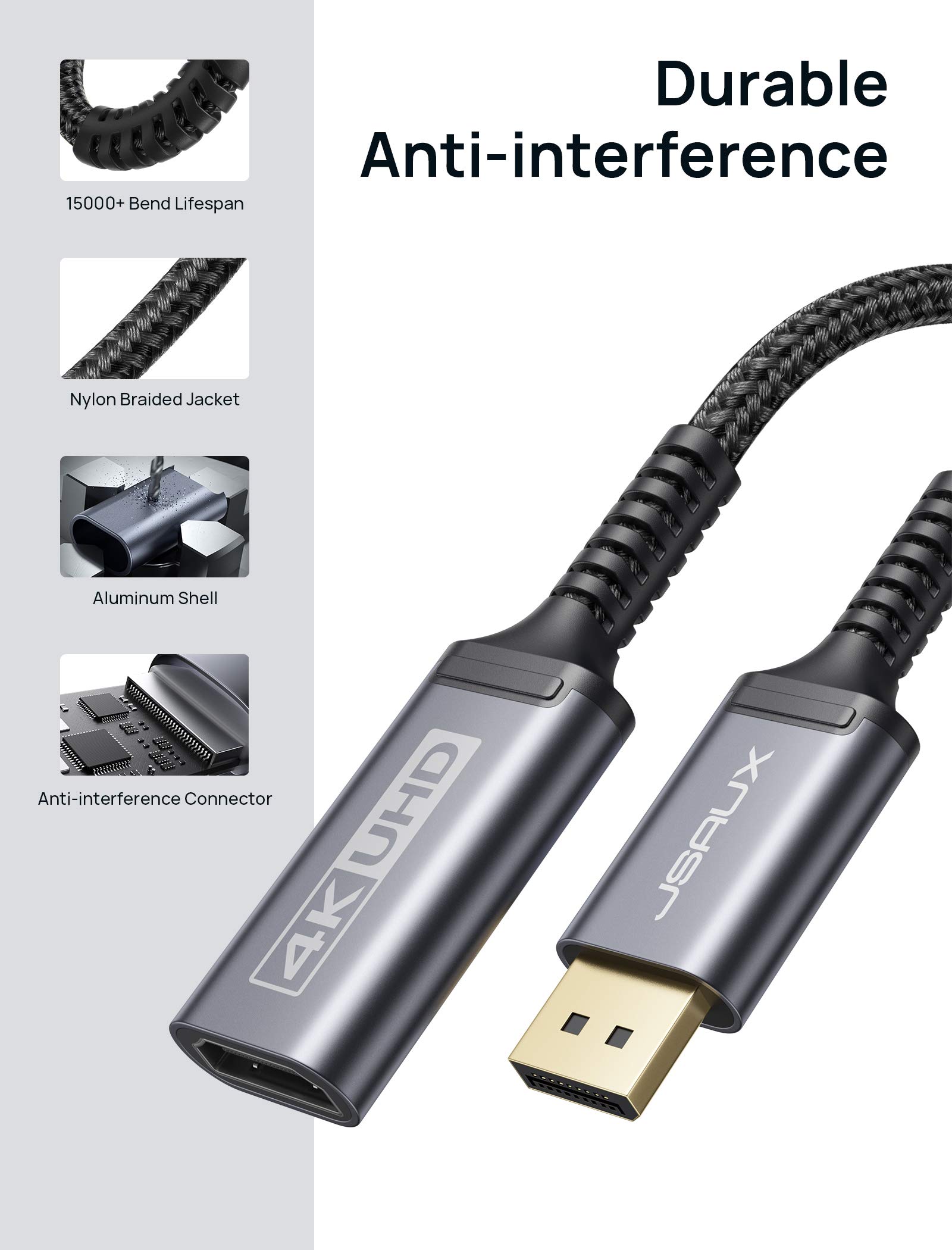 JSAUX 4K DisplayPort to HDMI Adapter, Display Port to HDMI Adapter Cable (4K@30Hz) Uni-Directional UHD High-Speed DP to HDMI Adapter for HP, Dell, GPU, AMD, NVIDIA and More
