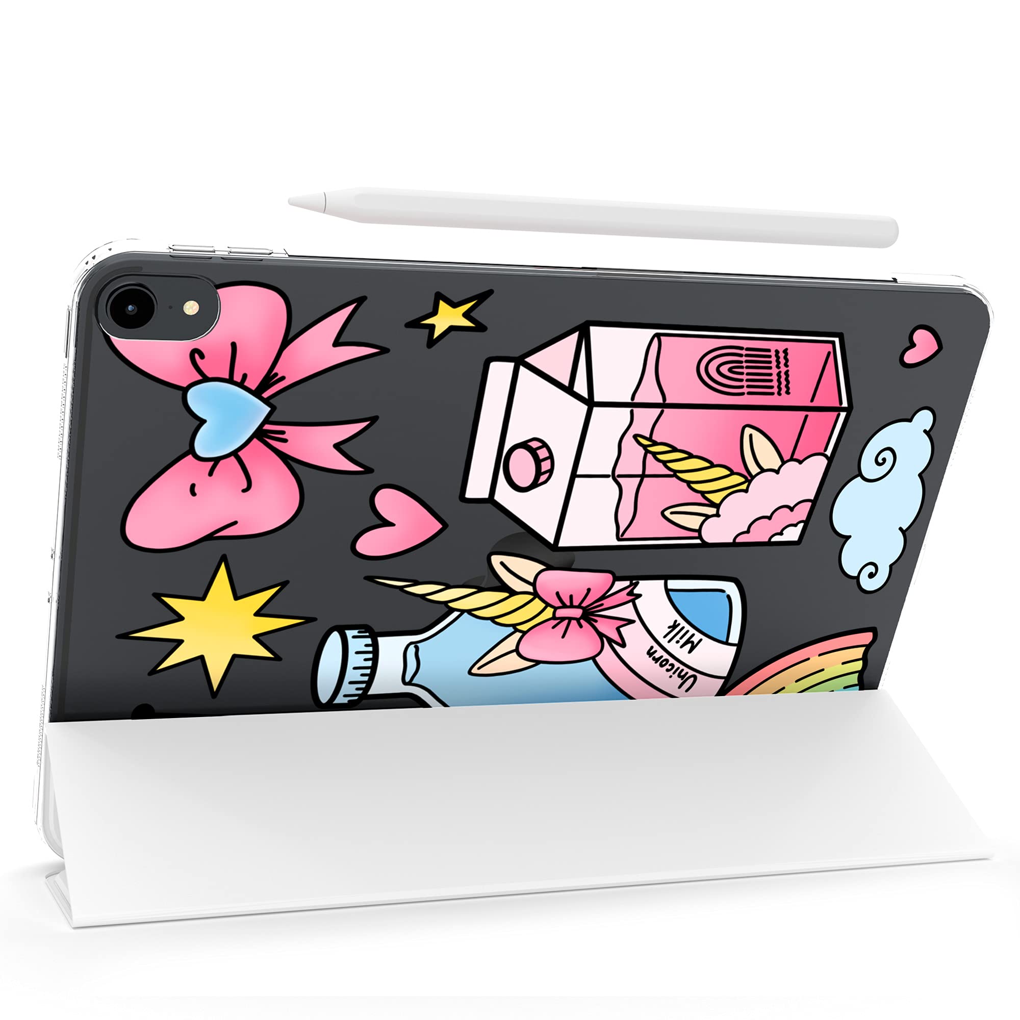 Loraw iPad Case Compatible with iPad Pro 11 inch 2021 2020 12.9 2018 10.2 9th 8th 7th Mini 5 6 Air 4 3 2 Milkshake Horn Stand Llamacorn Bow Rainbow Auto Wake/Sleep Unicorn Uni Print Protective Pink