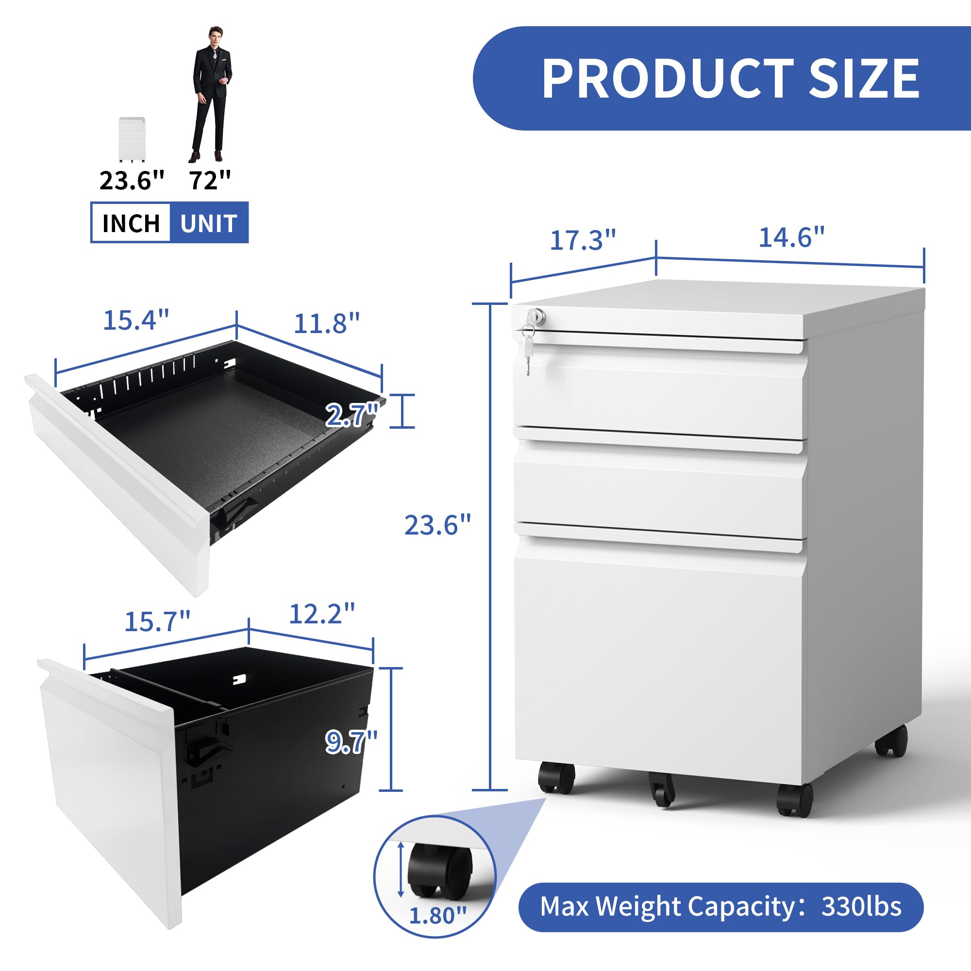 IKIMI 4 Drawer Lateral File Cabinets 3 Drawerr Mobile File Cabinet Office Filing Cabinet Steel Storage Cabinet with Lock