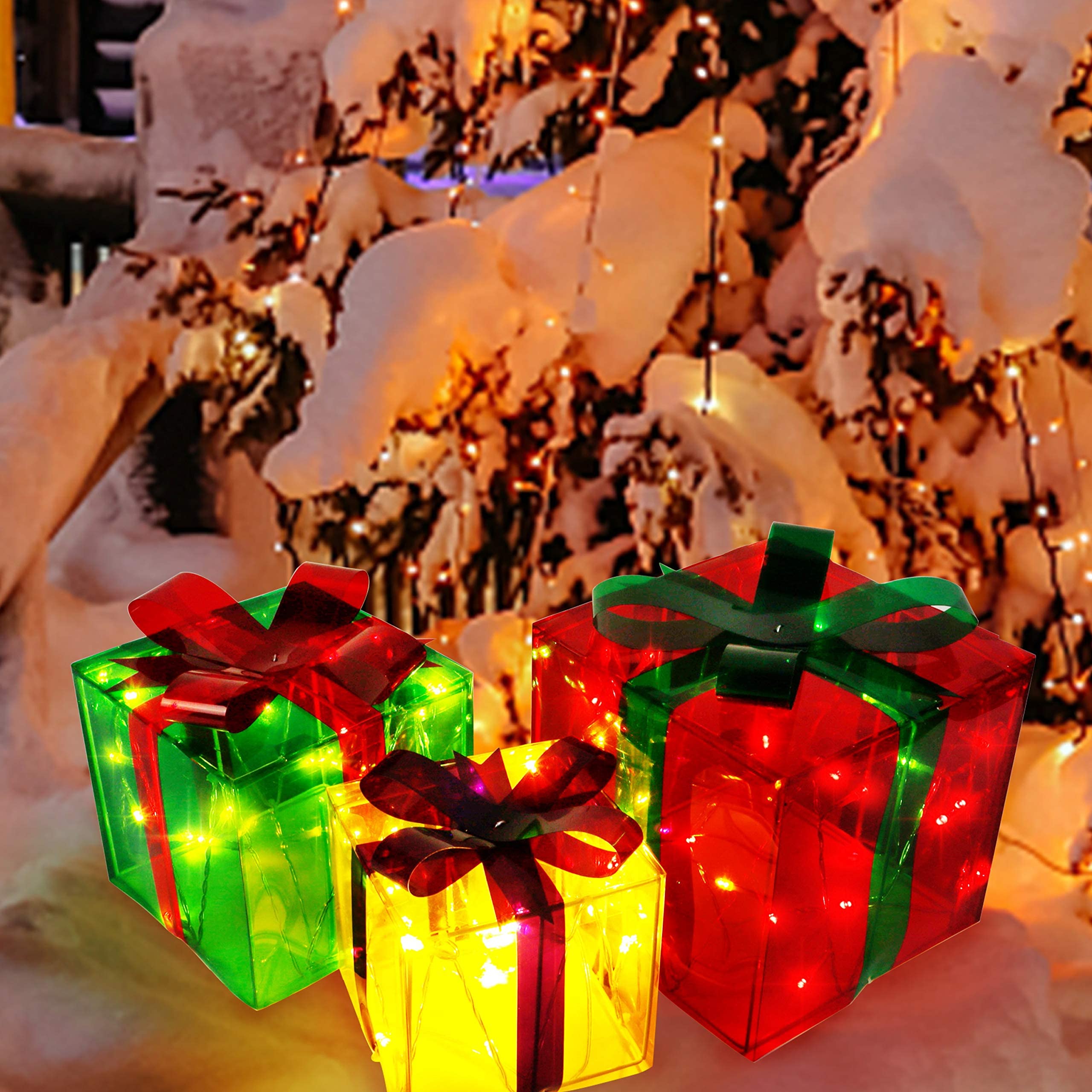Joliyoou Christmas Lighted Gift Boxes, Set of 3 Light Up 60 LED Deocr Outdoor, Light Up Christmas Boxes Present Decorations Outdoor Yard Red Green Yellow