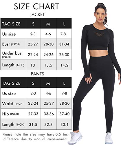 JOLLMONO Workout Sets for Women 2 Piece Yoga Gym Outfits Seamless Ribbed Leggings with Long Sleeve Tops(8003M-Black)