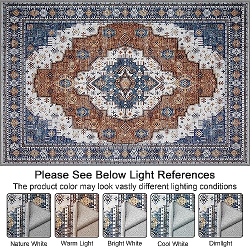 Washable Rug Living Room Rugs: 5x7 Area Rug Large Boho Medallion Distressed Carpets Indoor Soft Floor Anti Slip Carpet for Under Dining Table Bedroom Farmhouse Home Office - Blue/Orange Brown