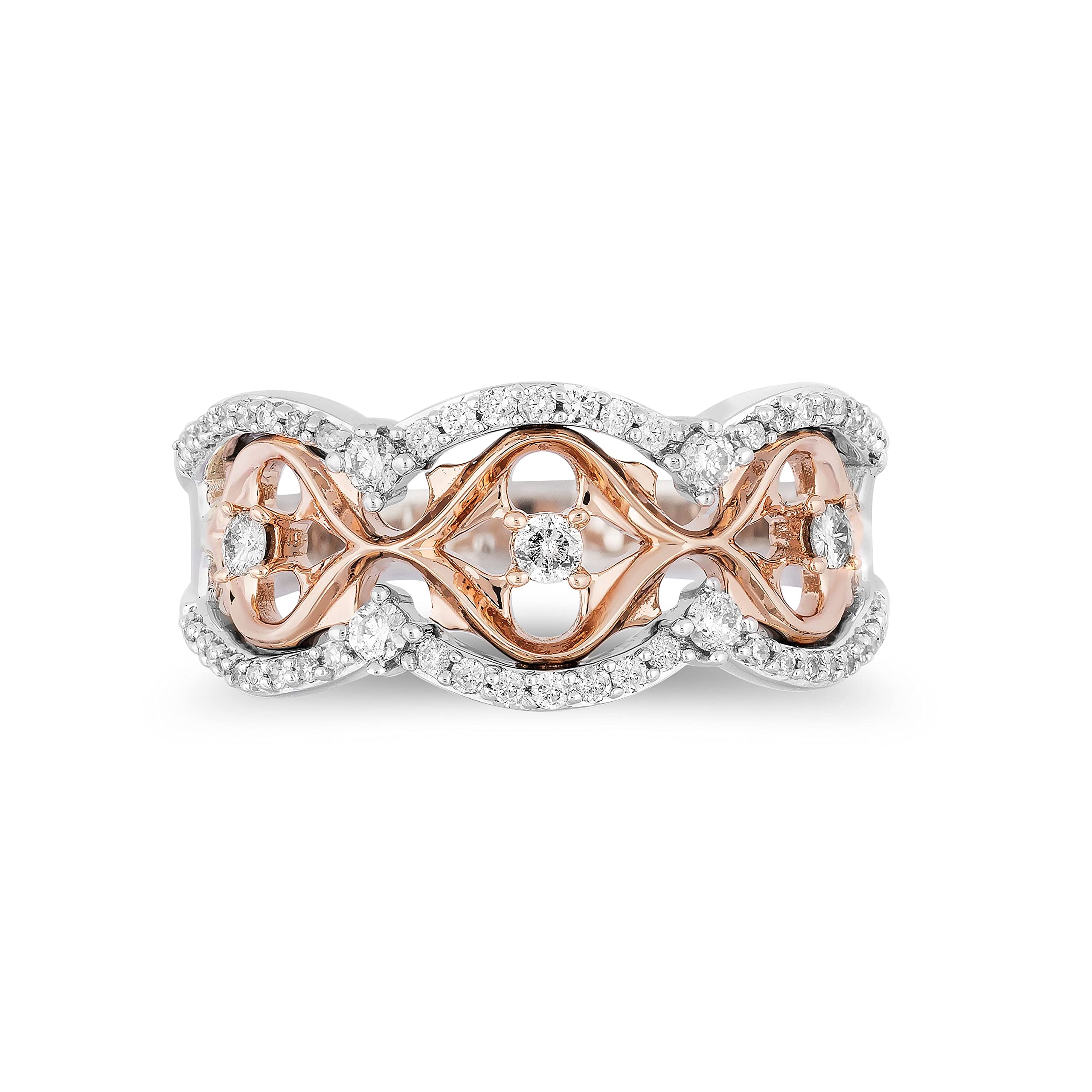 Jewelili Enchanted Disney Fine Jewelry Sterling Silver and 10K Rose Gold with 1/3 Cttw Diamonds Aurora Ring, Size 5