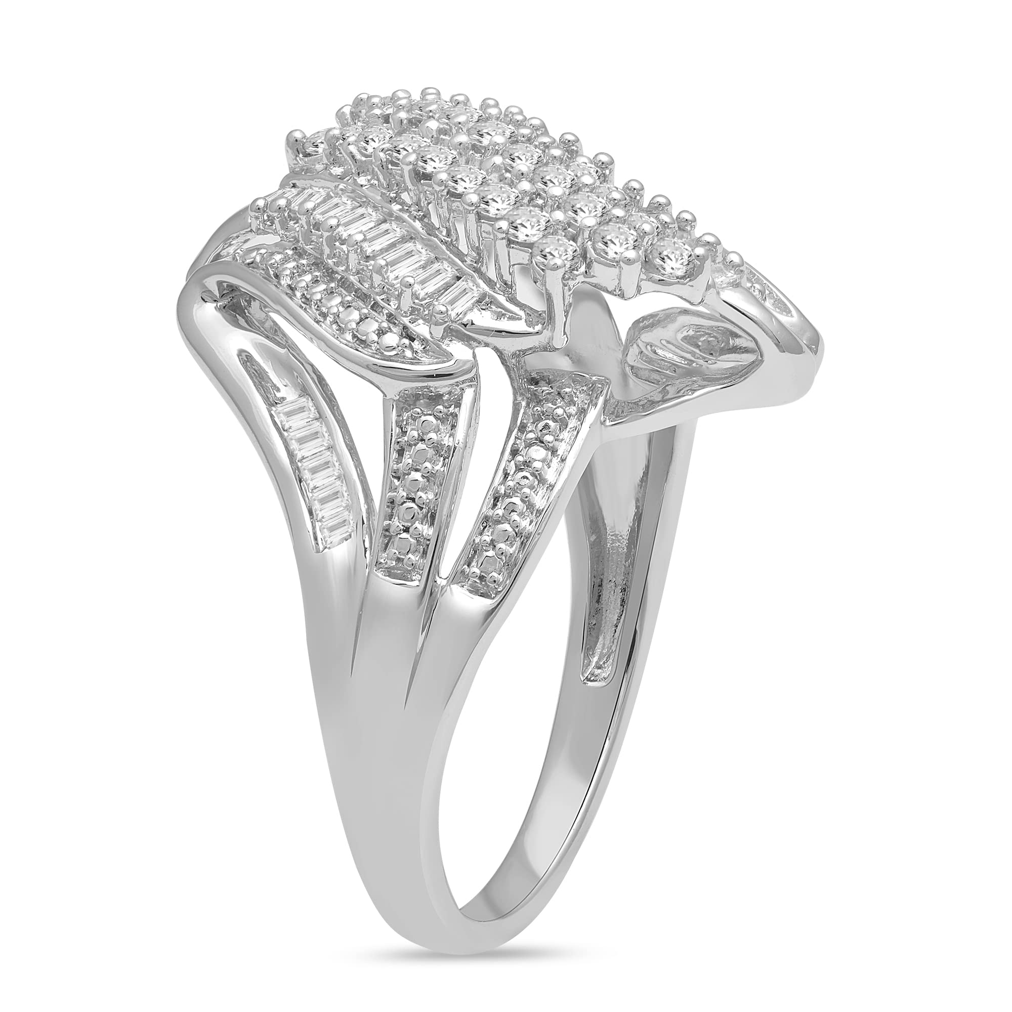Jewelili Sterling Silver 1/2 Cttw Natural White Round and Baguette Shape Diamonds Ring, Size 8