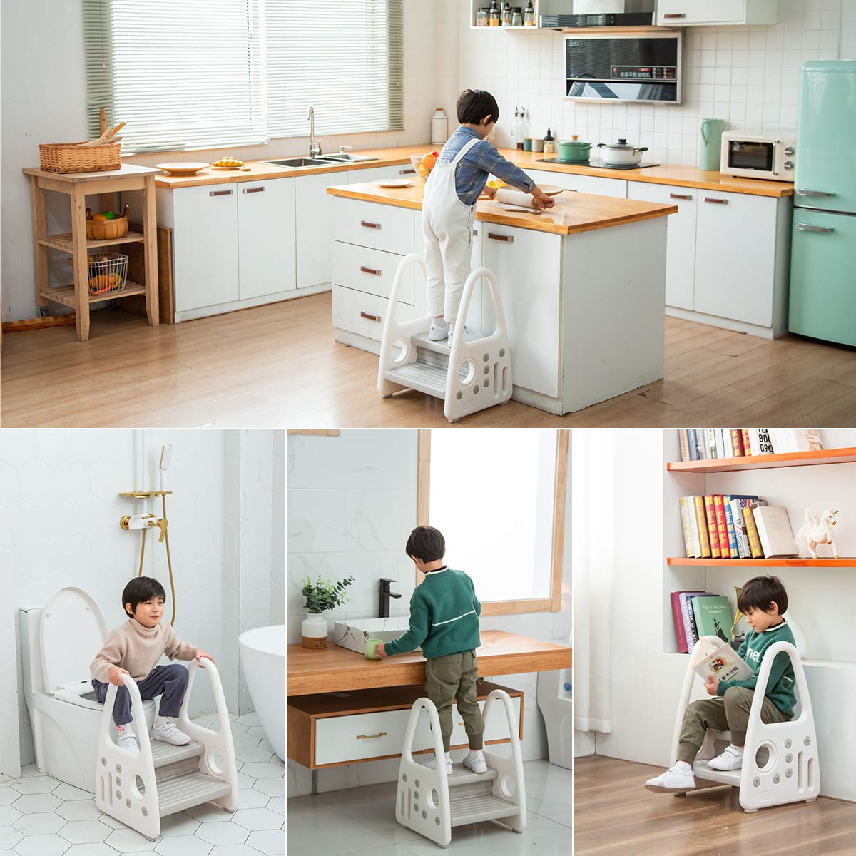 KATARUS Toddler Step Stool for Kids Two Step Standing Tower for Kitchen Counter, Bathroom Sink & Toilet Potty Training, Children Step Up Learning Helper with Handles and Safety Non-Slip Pads, Green