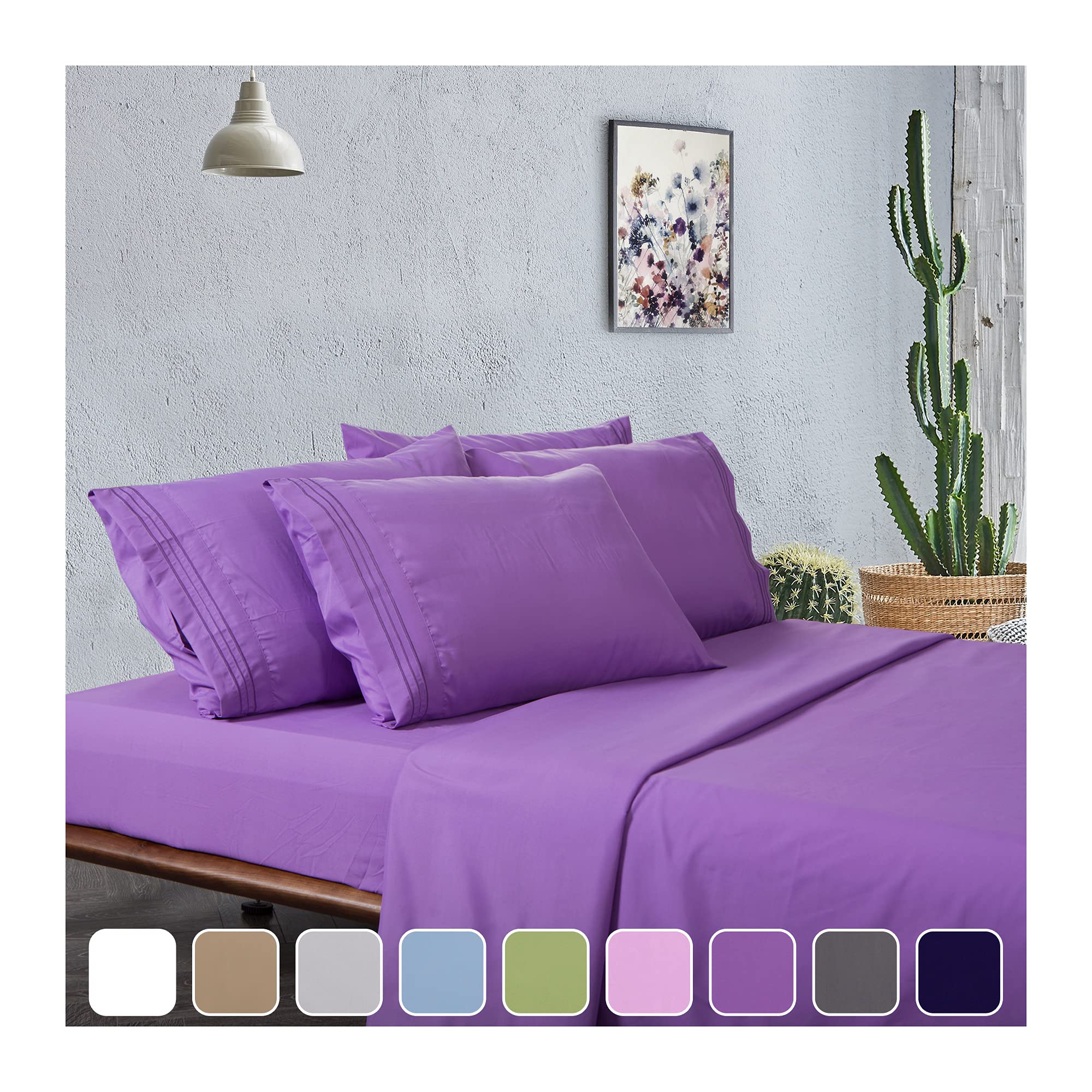 JSELF Twin Bed Sheet Set 1800 Thread Count Soft Breathable Microfiber Hypoallergenic Bed Sets 15 Inch Deep Pocket, 4 Pieces, Lavender Bed Sheets