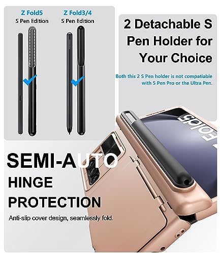 SIXBOX for Galaxy Z Fold 5 Case with Card Holder & Screen Protector & S Pen Holder & Slide Camera Cover & Hinge Protection, Shockproof Wallet Phone Case for Samsung Z Fold 5 2023, Rose Gold