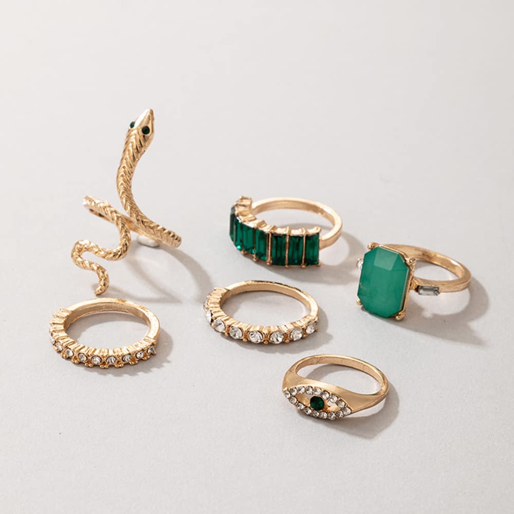 Jumwrit Bohemian Knuckle Finger Rings for Women Gold Snake Evil Eye Rhinestone Rings Green Emerald Stackable Rings for Teens Girls (6 PCS)