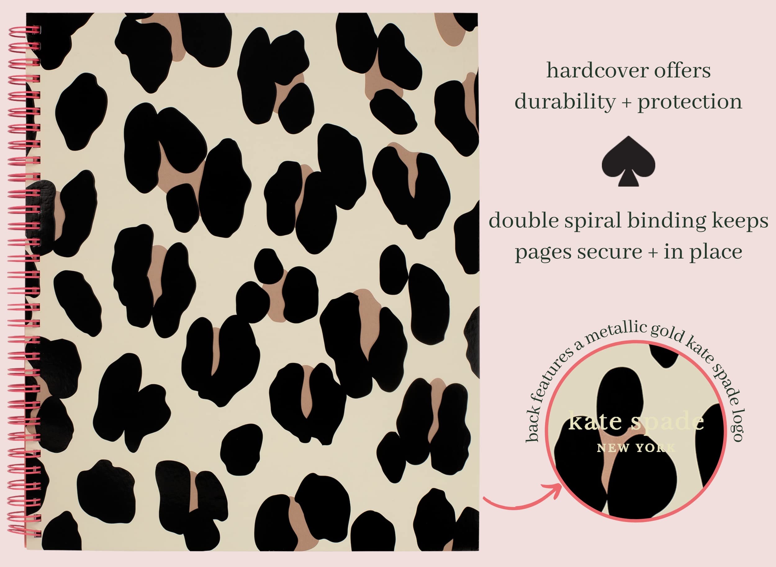 Kate Spade New York Large College Ruled Notebook, 11" x 9.5" Leopard Print Spiral Notebook with 160 Pages, Forest Feline