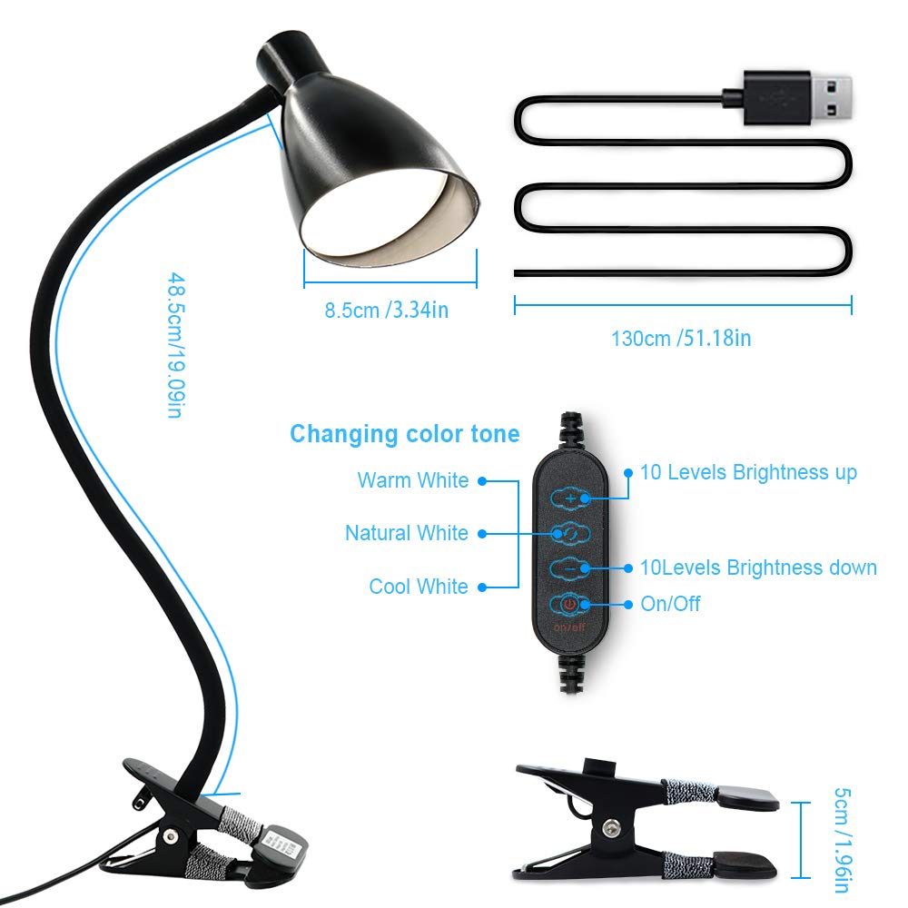 KAiSnova Clamp Lamp Clip on Light Reading Lights Eye-Caring 3 Color Modes 10 Brightness Dimmer 38 LED USB Study Book Light Desk Lamp 360° Flexible Night Light for Headboard Bedroom and Office