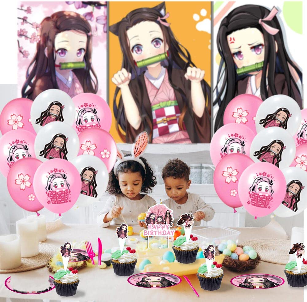 Nezuko Party Supplies Birthday Decorations Demon Slayer Plates Banner Cake Toppers Decor