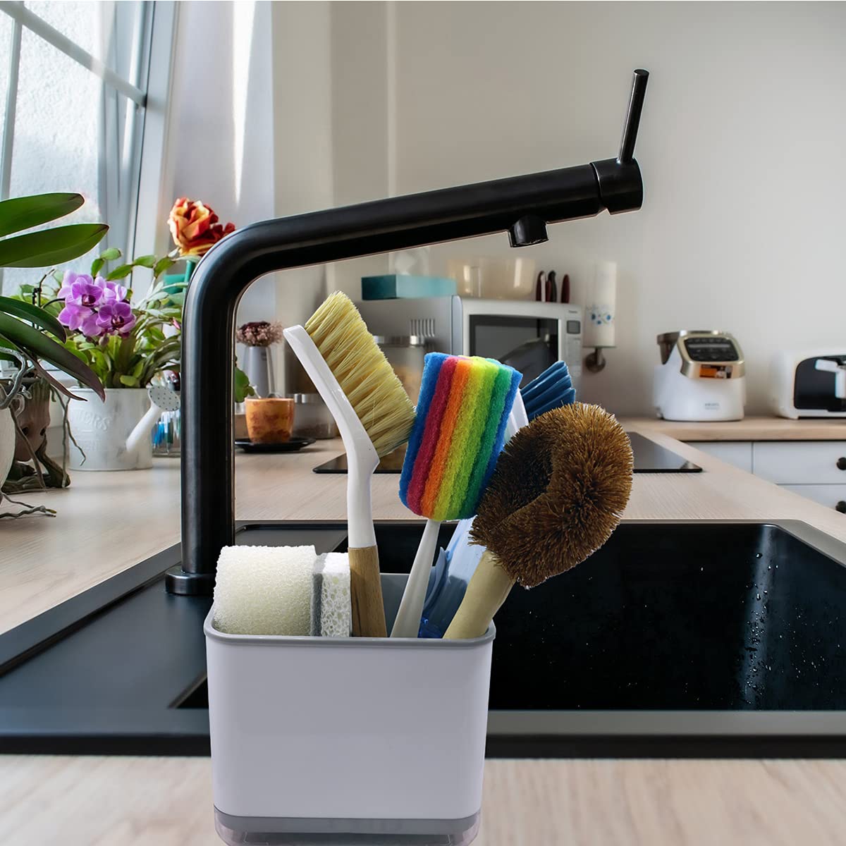 KTATA Sponge Dish Brush Holder for Kitchen Sink Caddy Organizer Double Layer Cutlery Drain Rack Kitchen Sink Caddy Desktop Storage Sink Accessories