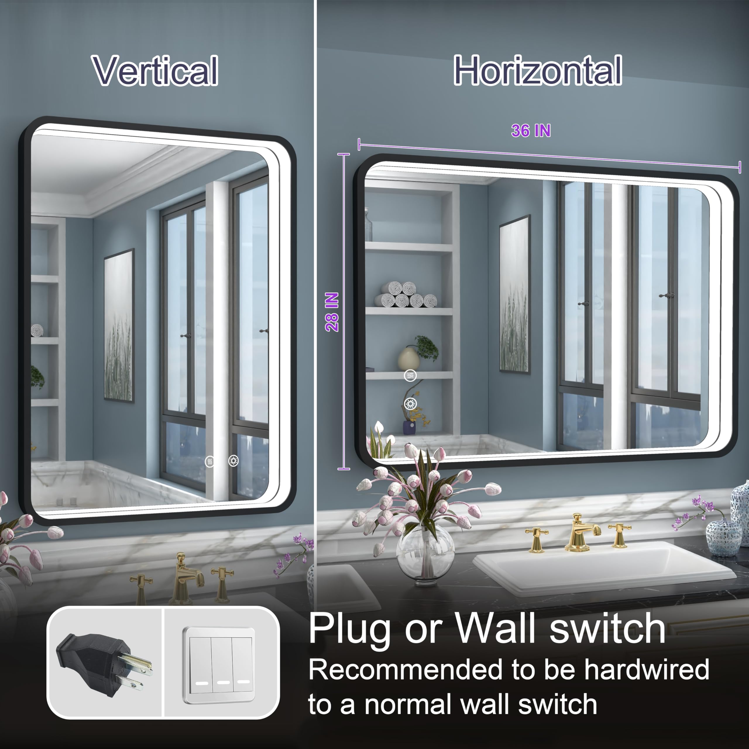 JSneijder 2-Piece(Frameless+Framed) LED Bathroom Mirror, 28x36 Inch, Bathroom Vanity Mirror with Lights, Wall Mounted Dimmable Anti-Fog Lighted Wall Mirror for Bedroom