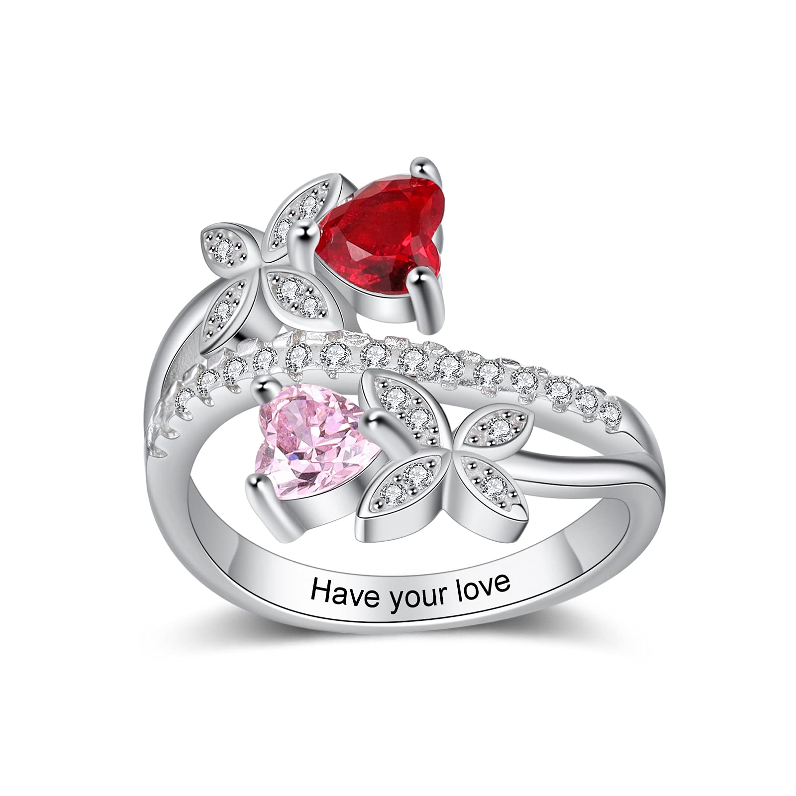 LanM Personalized Promise Rings for her Butterfly Rings for Mother with 2 Simulated Birthstone Engraved Womens Names Mother Rings for Family Mother Day Gift, Silver