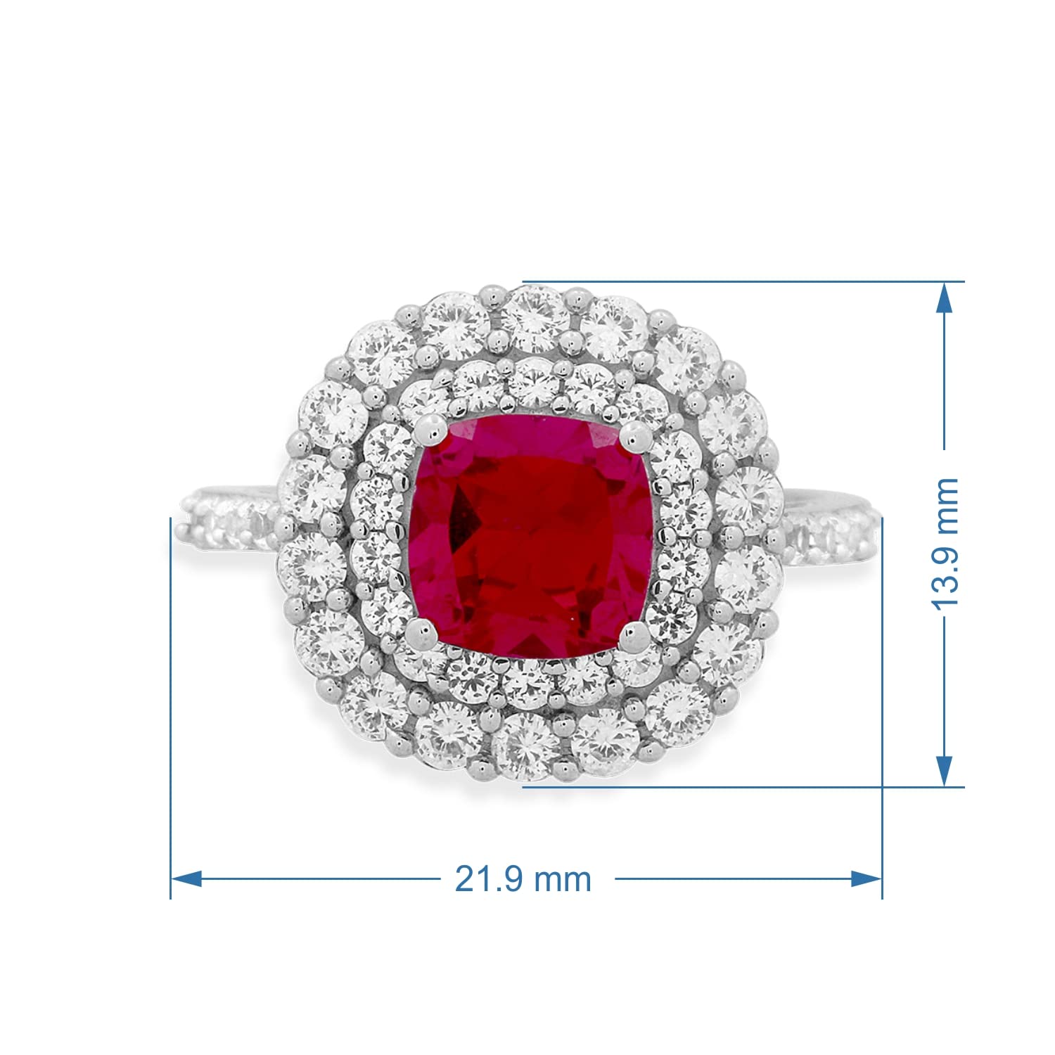 Jewelili Sterling Silver 7x7 MM Cushion Cut Created Blue Sapphire and Round Created White Sapphire Halo Ring, Size 8