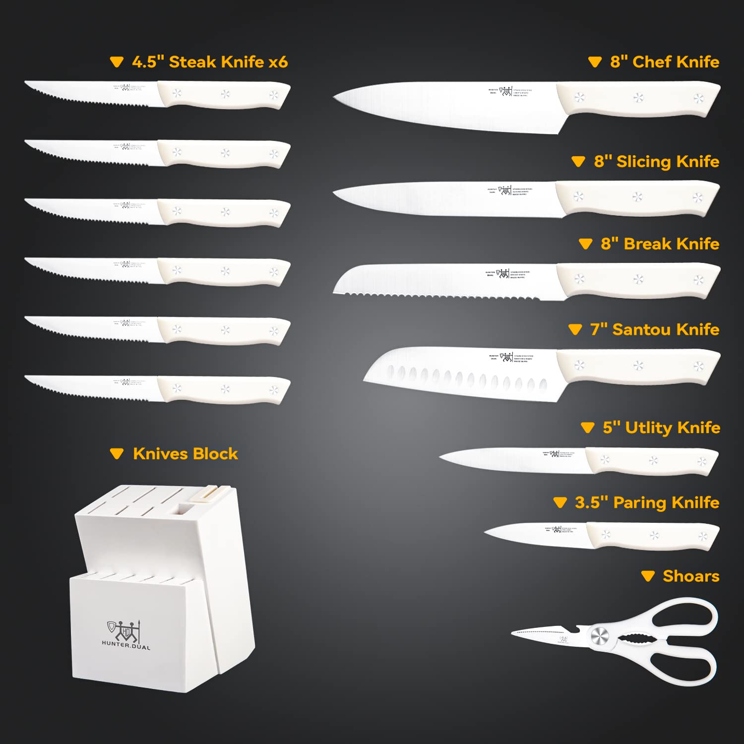 HUNTER.DUAL Knife Set, 15 Piece Kitchen Knife Set with Block Self Sharpening, Dishwasher Safe, Anti-slip Handle, Black