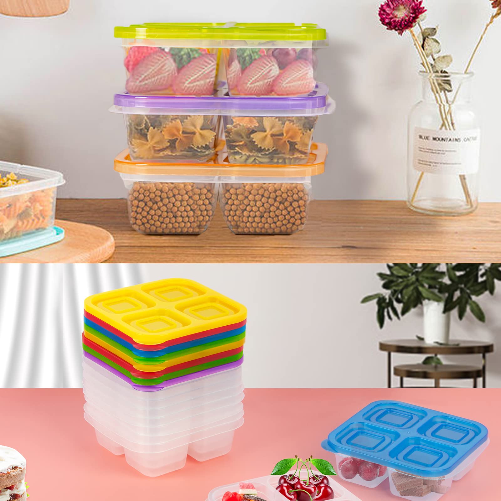 LileZbox 10 Pack Snack Containers for Kids Adults, Reusable BPA-Free Bento Snack Boxes Meal Prep Lunch Containers, Stackable Food Storage Containers for School, Work and Picnic (4 Compartment)