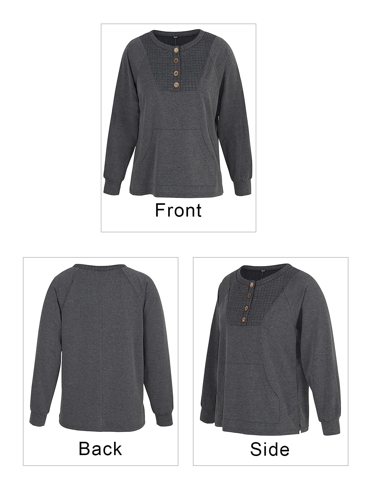LANREMON Womens Button Up Tunic Tops Long Sleeve Sweatshirts Casual Crewneck Pullover with Pockets Dark Gray L