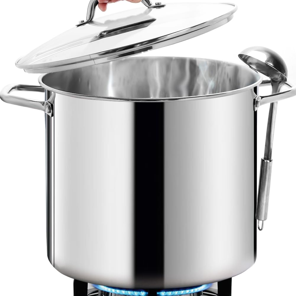 HOMICHEF 24 Quart Large Nickel-Free Stainless Steel Stock Pot With Lid - Polished Heavy Duty Induction Soup Pot