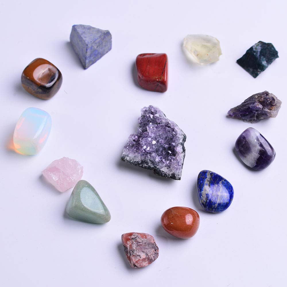 JIC Gem Healing Crystals Kit (16 pcs Set), 6 Raw Chakra Stones, 7 Tumbled Gemstones, Amethyst, Selenite Spiral Wand Double Points, Selenite Sphere Ball