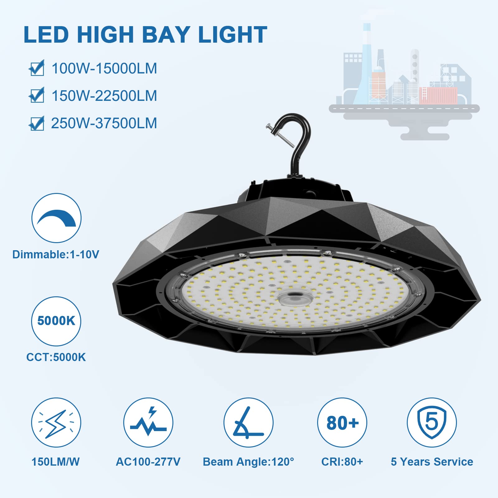 HONMY LED High Bay Light 250W 1-10V Dimmable 5000K 37500LM IP65 Waterproof UFO Commercial Bay Lighting with 5ft US Cable Plug for Warehouse Workshop Garage Factory Lights Fixture