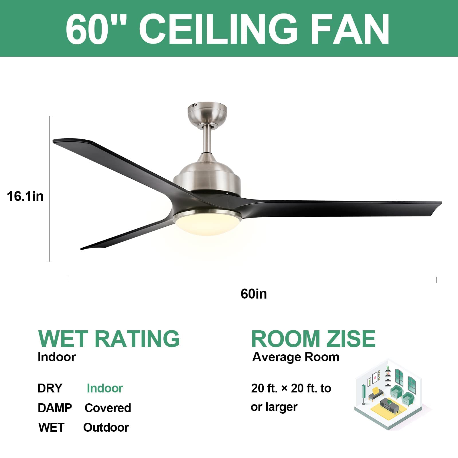 Homeybuff Ceiling Fan with Lights Remote Control, 60-Inch, Brushed Nickel(3 Blades), Dimmable LED Light