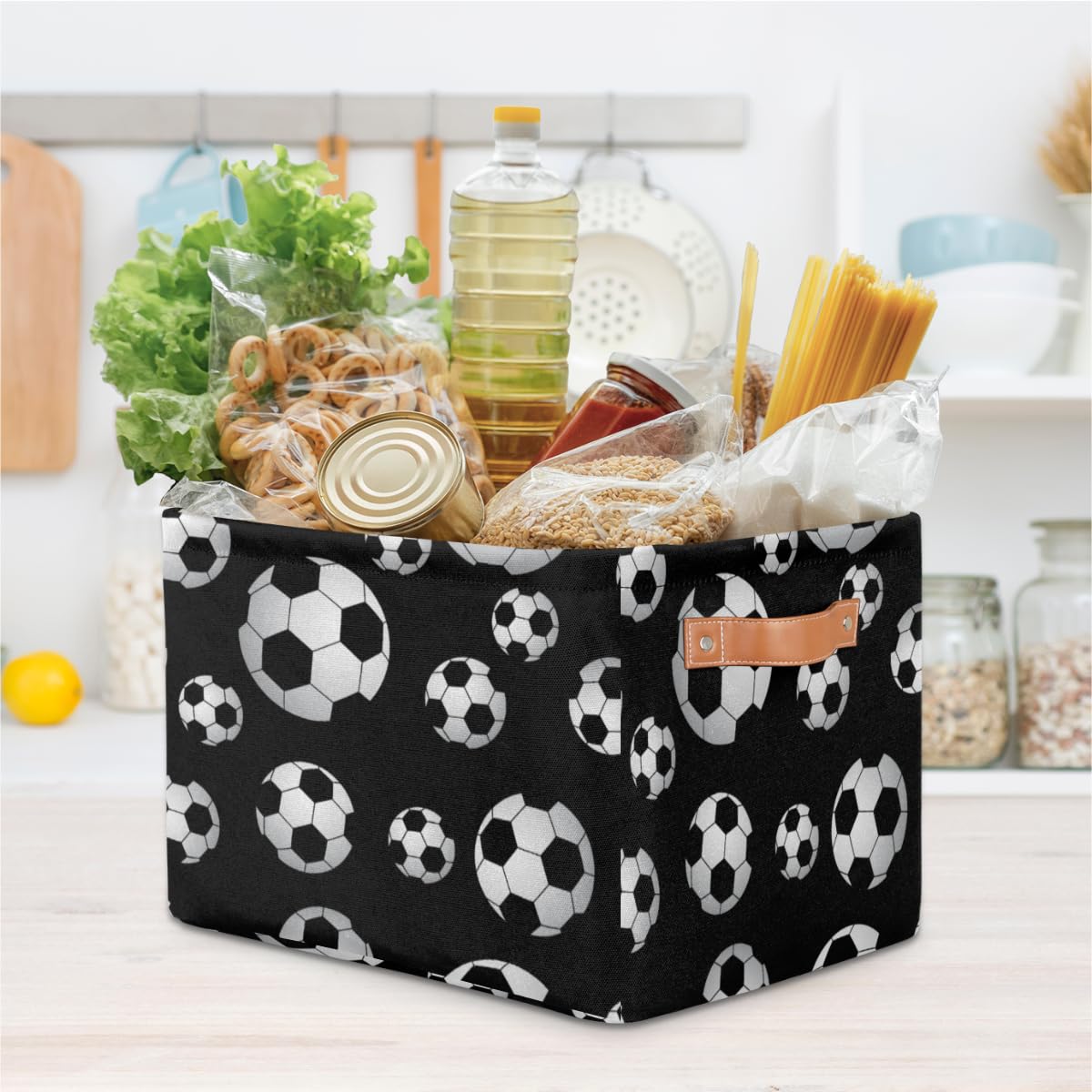 Soccer Storage Bin Basket, Fottball Large Toys Storage Cube Box with Handles, Collapsible Laundry Basket Rectangular Waterproof Storage Organizer Bin for Nursery Bedroom Playroom Shelves Gift Basket