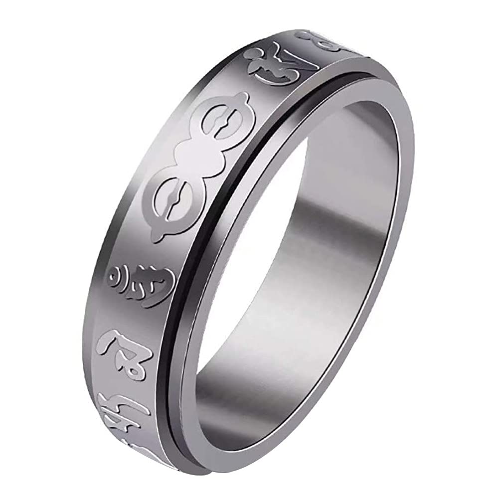 JAJAFOOK 316L Stainless Steel Tibetan Buddhist Mantra Scriptures Om Mani Padme Hum Lucky Spinner Ring,Silver 7