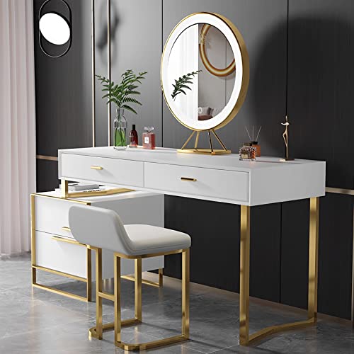 IKuinen Makeup Vanity - Vanity Set with Mirror and Lights, Women Dresser Table with Multifunctional Nightstand, 4 Drawer, Leather Wrapped, Stool, Minimalist and Stylish Dressing Table - 47.2In/White