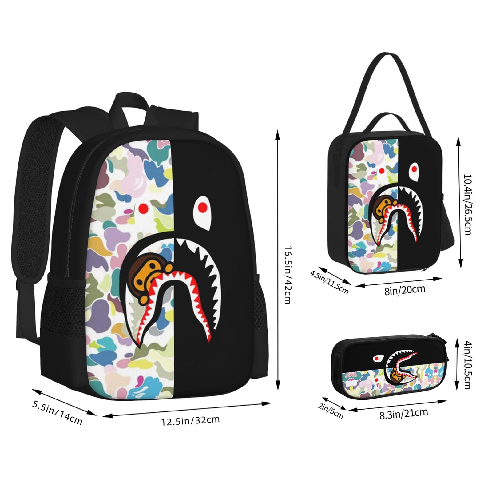 KAJUE Shark Camo Backpack 3 Piece Set with Lunch Box Pencil Case For Boys Girls Teens Men Women Daypack 17 Inch