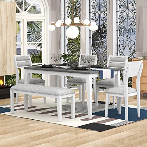 SIYSNKSI Modern 6 Piece Dining Table Set, Wood Dinette Table with 4 Upholstered Chairs and Bench, Classic Traditional Style Kitchen Table Set for 6 People (White+Gray)