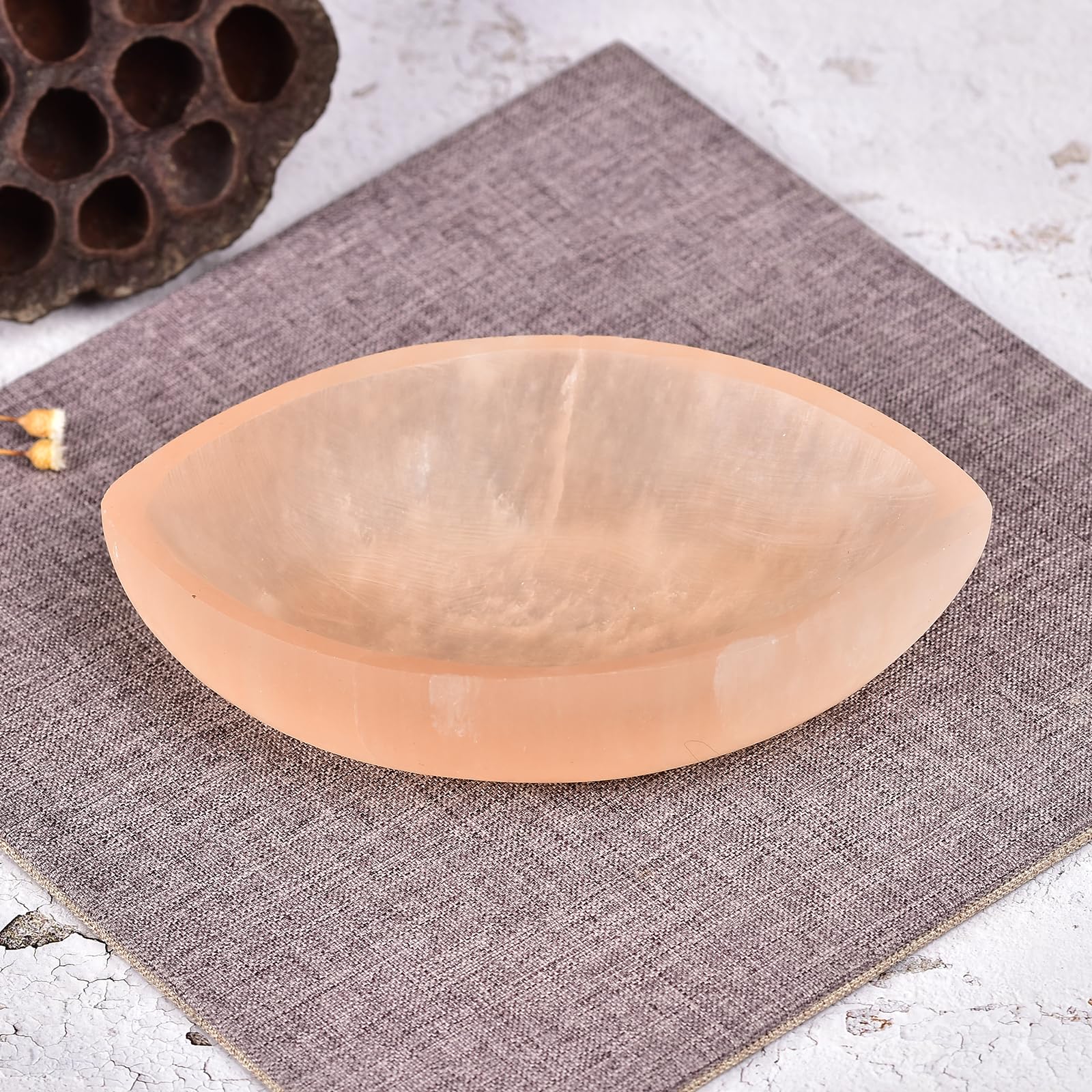 JIC Gem 4.5 Inch Selenite Crystal Bowl Moroccan Selenite Hand Carved Crystal Charging Bowl Home Decoration