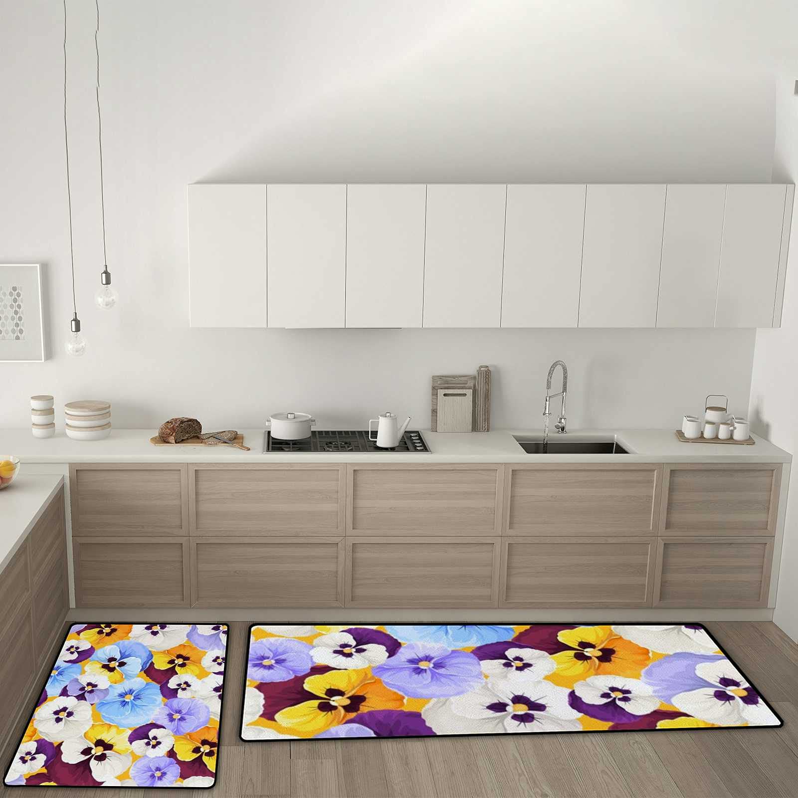 Kitchen Rugs and Mats Set of 2 Pieces Anti Fatigue Standing Mat Colorful Pansy Flowers Non Slip Washable Comfort Flooring Carpet Runner for Kitchen Home