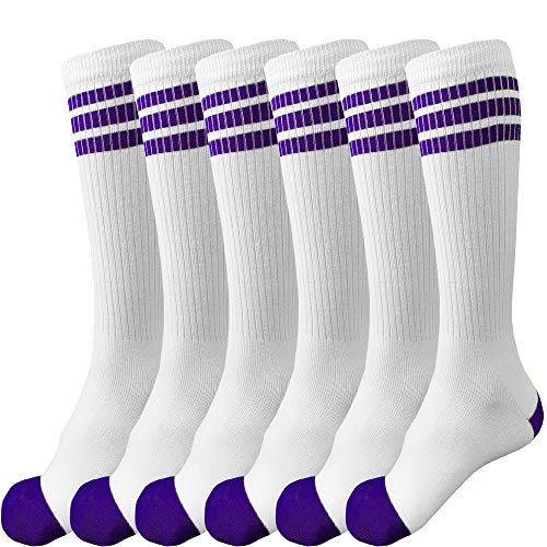 juDanzy 3 Pairs of Knee High Boys or Girls Stripe Team Tube Socks for Soccer, Basketball, baseball and Everyday Wear, White With Purple Stripes, 6-10 Years