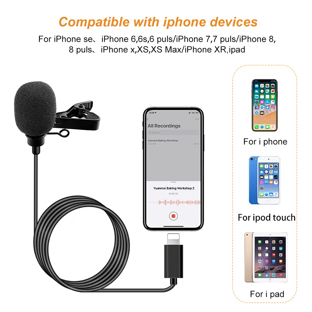 Lapel Microphone for iPhone,Professional Lavalier Omnidirectional mic Compatible with ipad,Easy to Use Recording YouTube Video,Interview,Conference(19.6 ft)