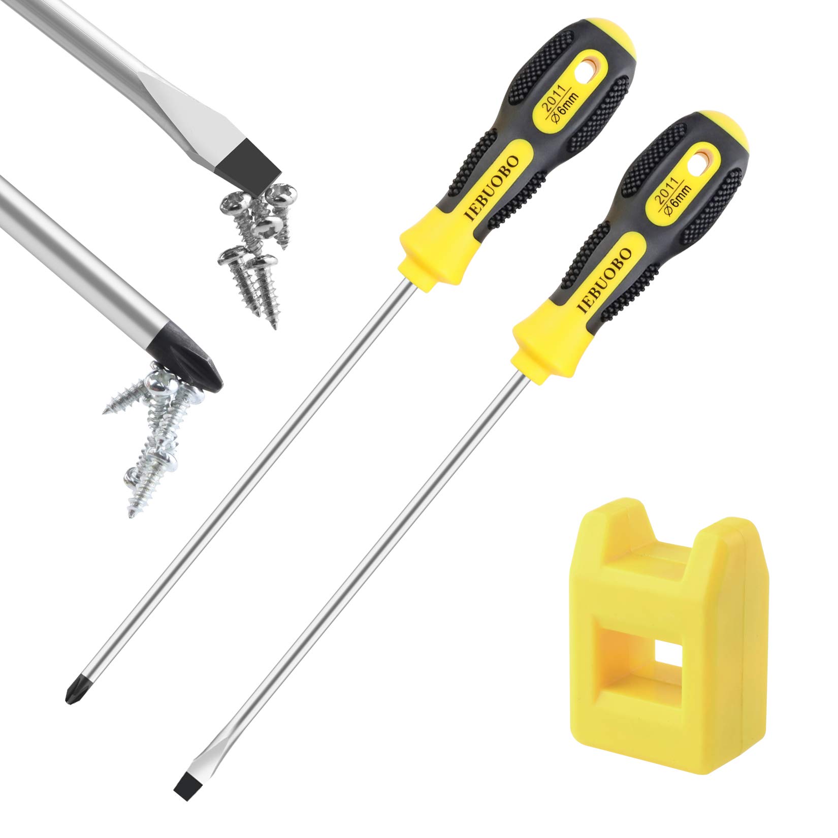 IEBUOBO Slotted and Phillips Screwdriver, PH2 8" Long Cross-head Screwdriver & Flat Blade Screwdriver, 2 Packs Magnetic Screwdriver with Rubber Handle, With Magnetizer/Demagnetizer Tool