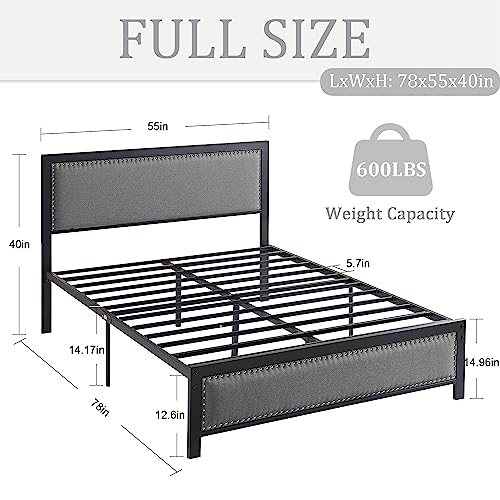 VECELO Full Size Bed Frame with Linen Fabric Headboard and Footboard, Heavy-Duty Platform with Strong Steel Slats, No Box Spring Needed, Easy Assembly, Grey