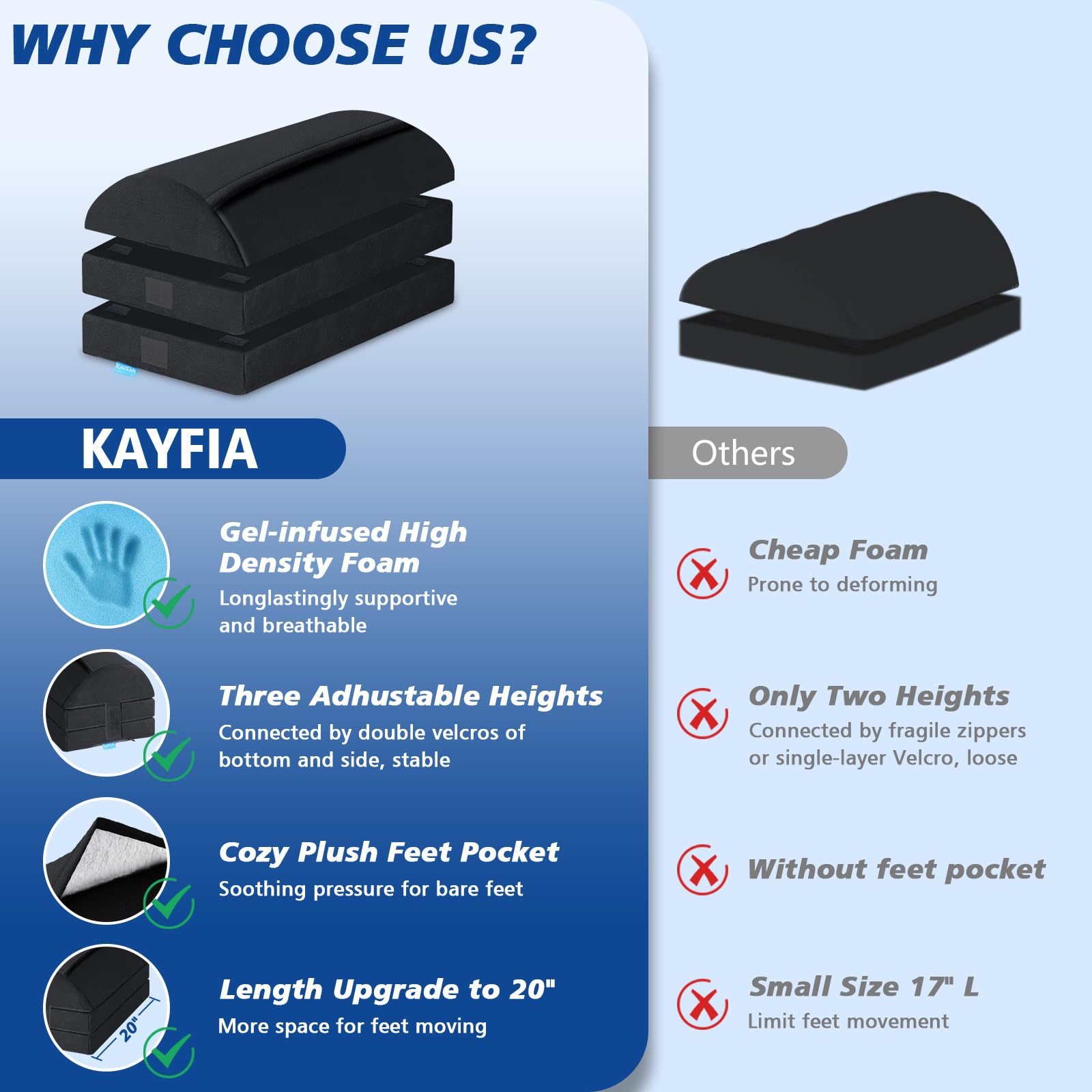 KAYFIA Foot Rest for Under Desk at Work XXL(20in) with 3 Adjustable Heights,Foot Stool with Supportive Gel-Infused Foam, Warmer Feet Pocket Footrest for Office Gaming Chair, for Leg Support -Black